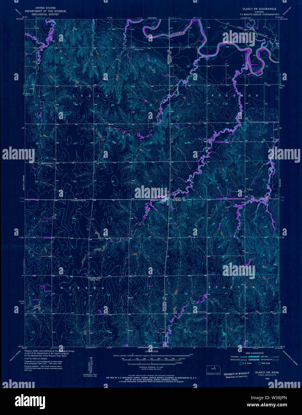 USGS TOPO Map Kansas KS Glasco SW 511425 1952 24000 Inverted ...