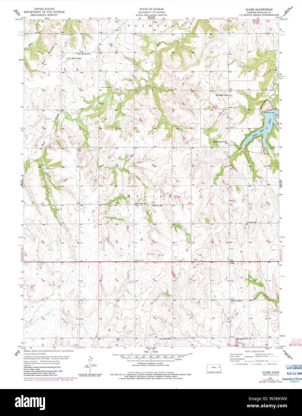 USGS TOPO Map Kansas KS Globe 511430 1955 24000 Restoration Stock Photo ...