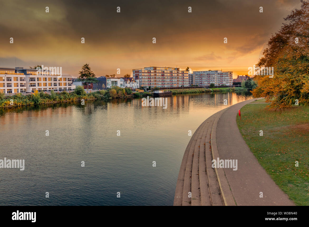 Victoria Embankment in Nottingham with dramatic orange sky at sunset ...