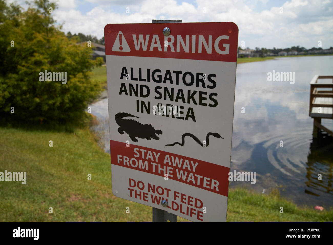 warning sign at florida pond for alligators and snakes USA United ...