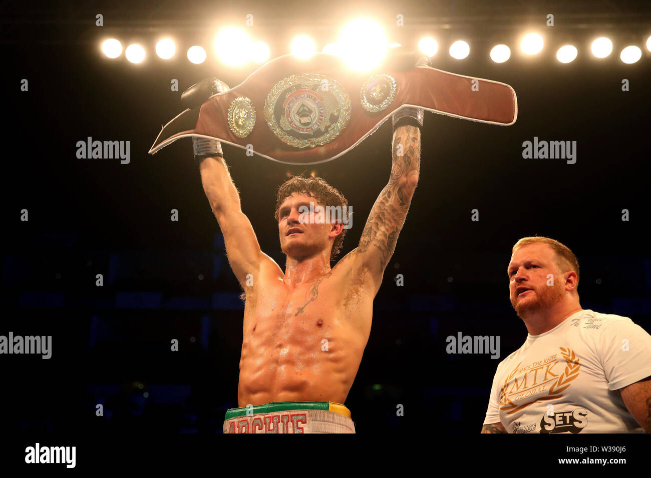 Archie Sharp (left) celebrates winning the WBO European Super ...