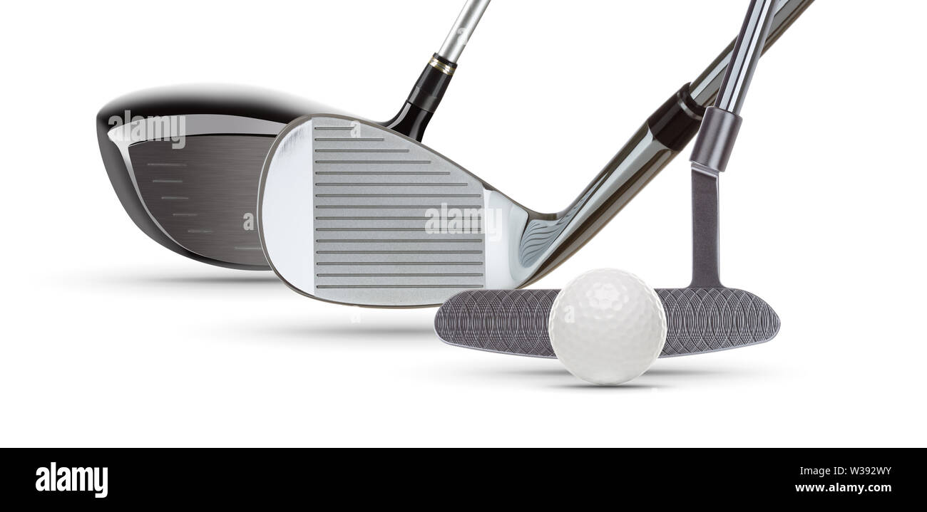 Golf Driver Wood, Iron Wedge, Putter and Ball on White Background Stock ...