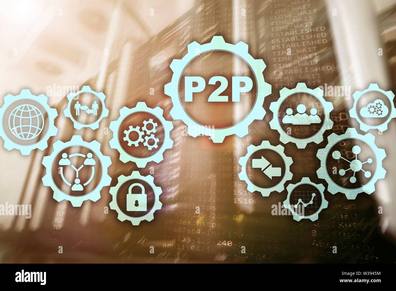 Peer to peer. P2P on the virtual screen with a server room background ...