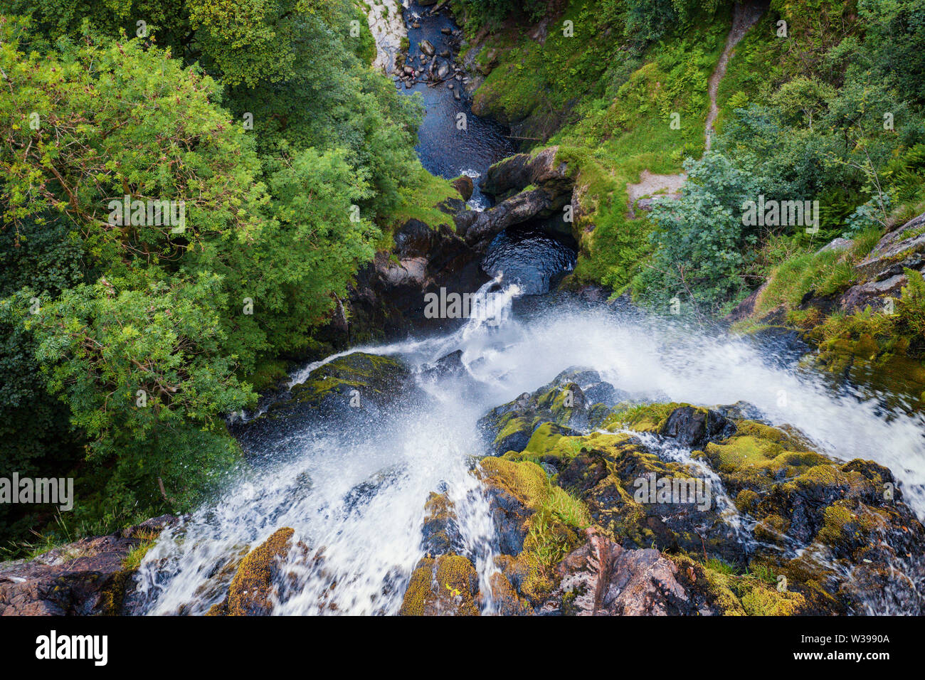 Top down drone shoot onto the tallest single drop waterfall Pistyll ...