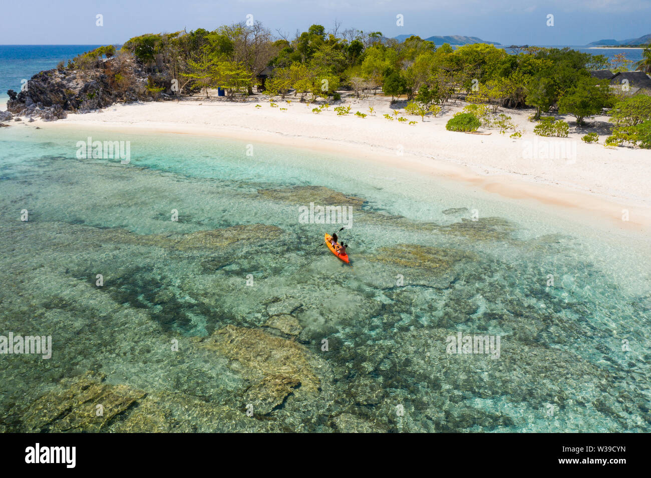 Couple kayaking on a tropical beach with blue water and palm trees ...