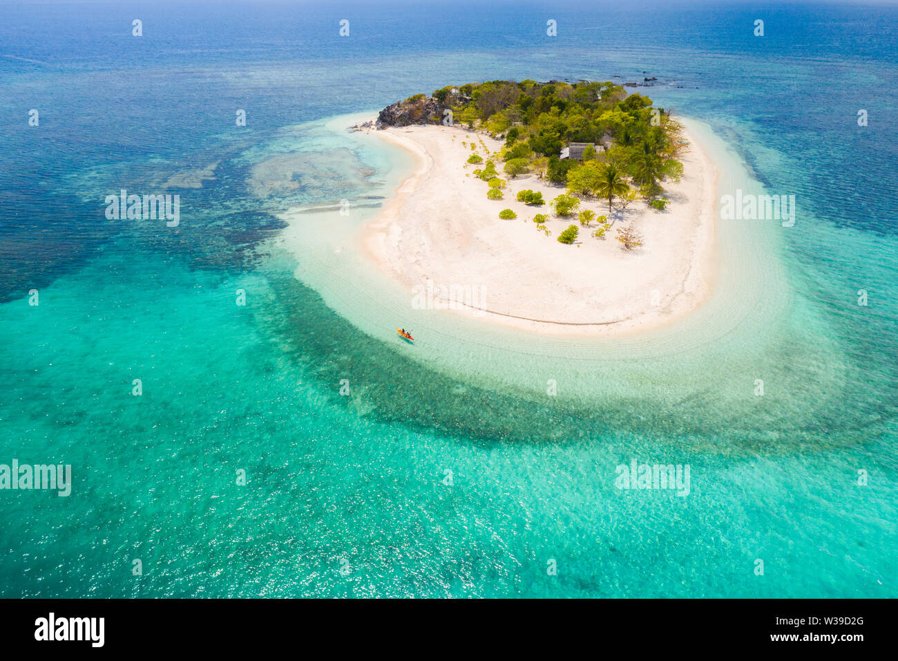 Couple kayaking on a tropical beach with blue water and palm trees ...