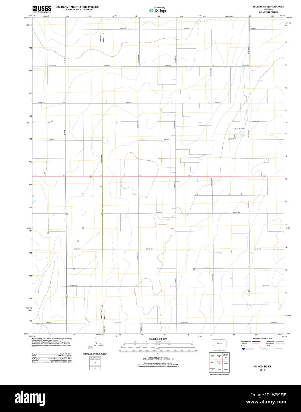 USGS TOPO Map Kansas KS Hickok SE 20120905 TM Restoration Stock Photo ...