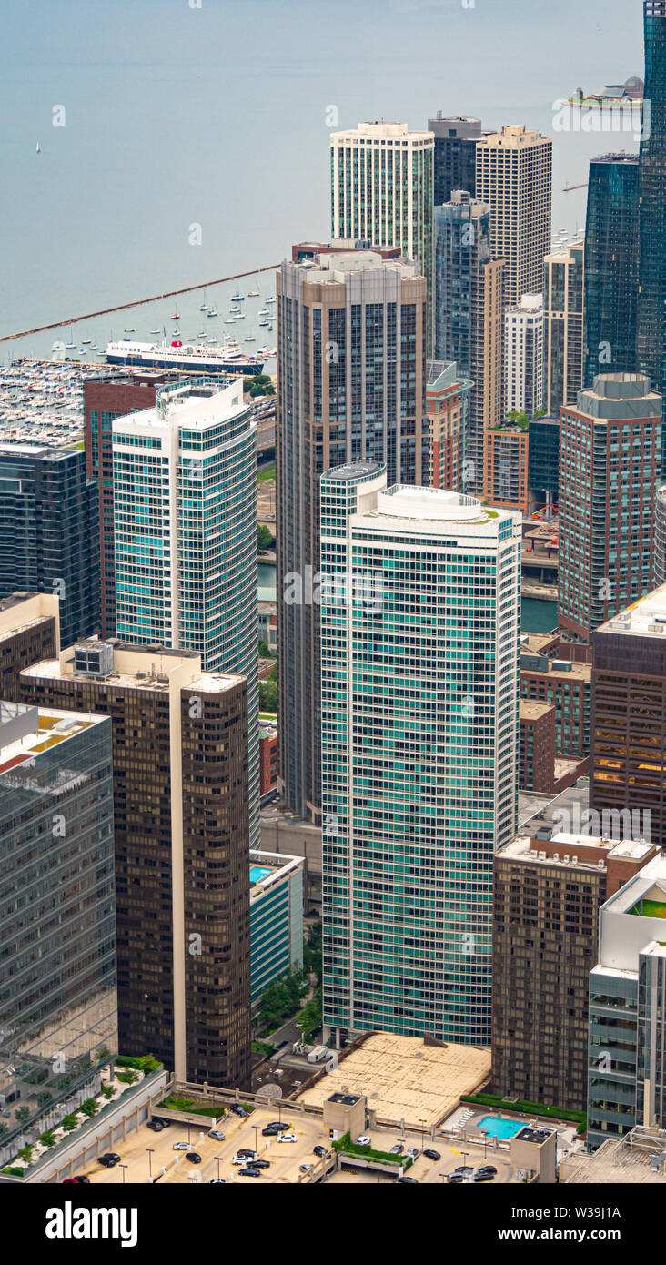 The Chicago skyscrapers from above - aerial view over the city ...
