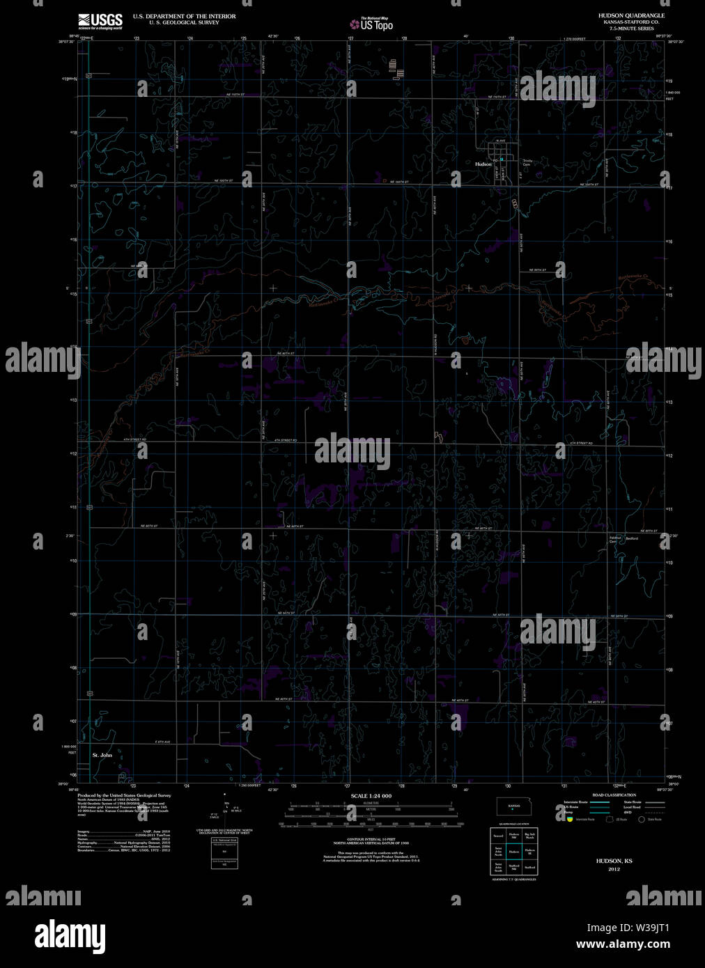 USGS TOPO Map Kansas KS Hudson 20120907 TM Inverted Restoration Stock ...