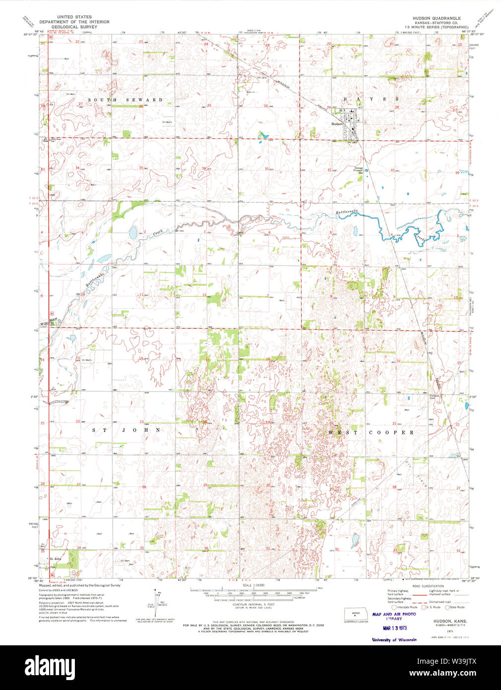 USGS TOPO Map Kansas KS Hudson 511630 1971 24000 Restoration Stock ...