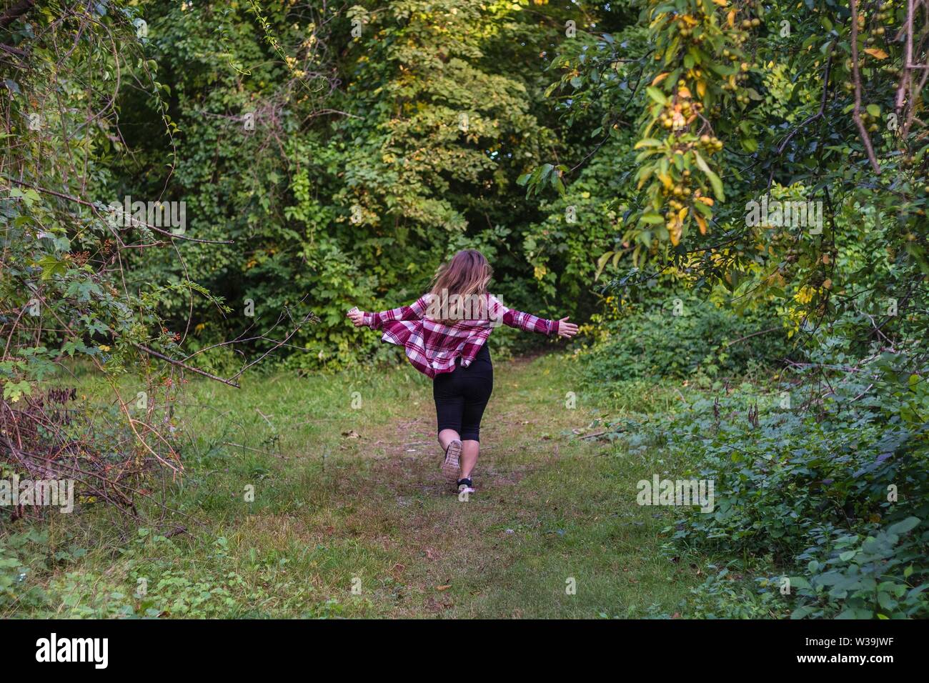 Female running into the forest with trees in the background Stock Photo ...