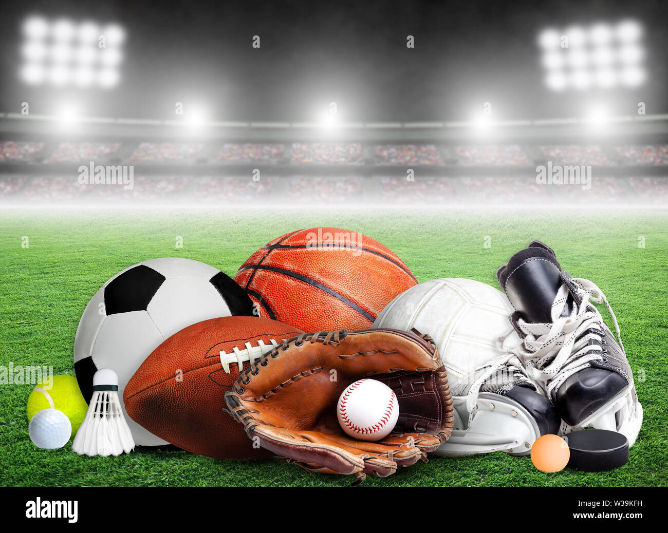 Sports equipment, rackets and balls for all seasons in stadium ...