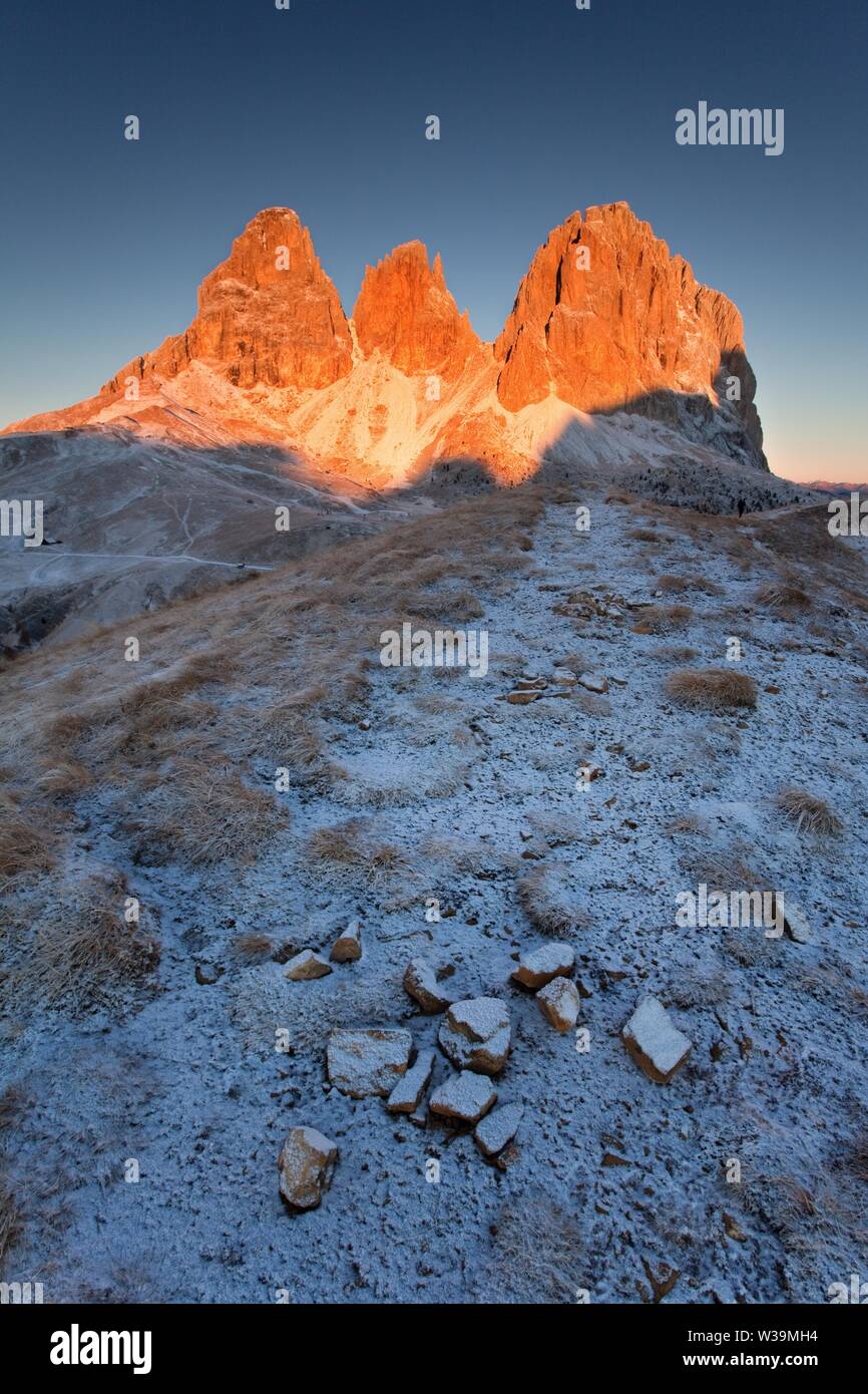 Gorgeous sunny view of Dolomite Alps first snow. Colorful winter scene ...