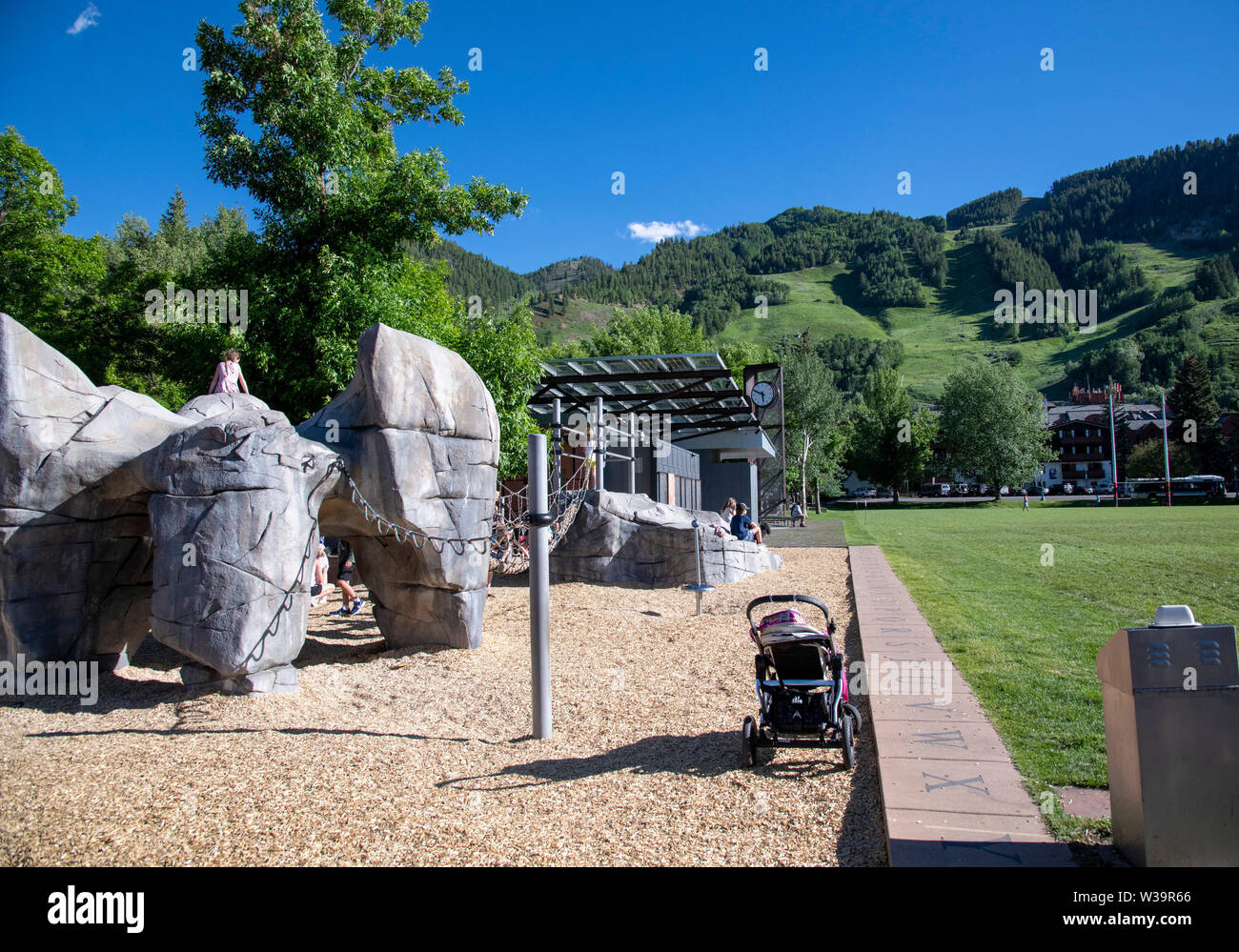 July 04, 2019: Wagner Park in downtown Aspen Colorado which is at the ...