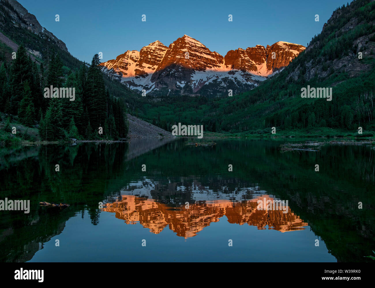 July 05, 2019: The Maroon Bells turn red as they are touched by the ...