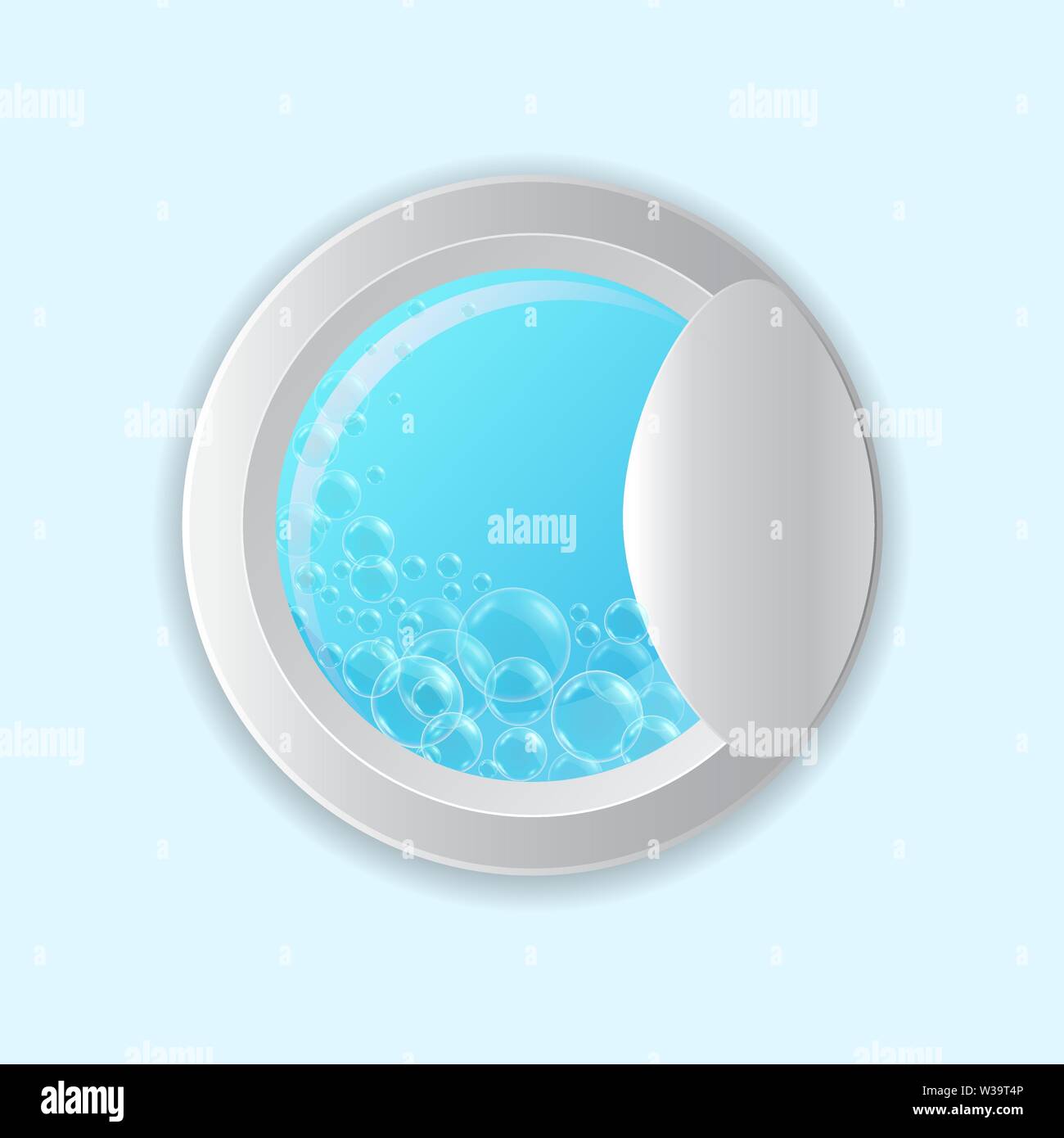 Vector realistic washing-machine door with soup bubbles on blue ...