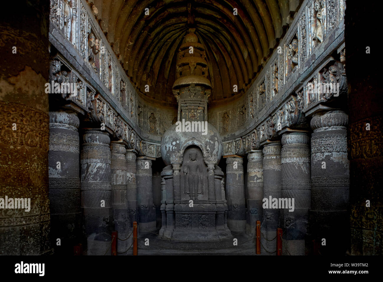 Cave 19 : Chaitya interior showing standing Buddha figure over the ...