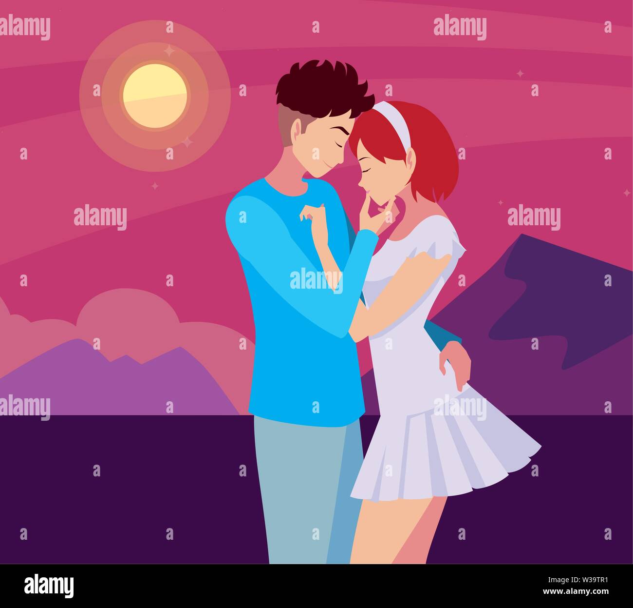 romantic couple hugging sun landscape vector illustration Stock Vector ...