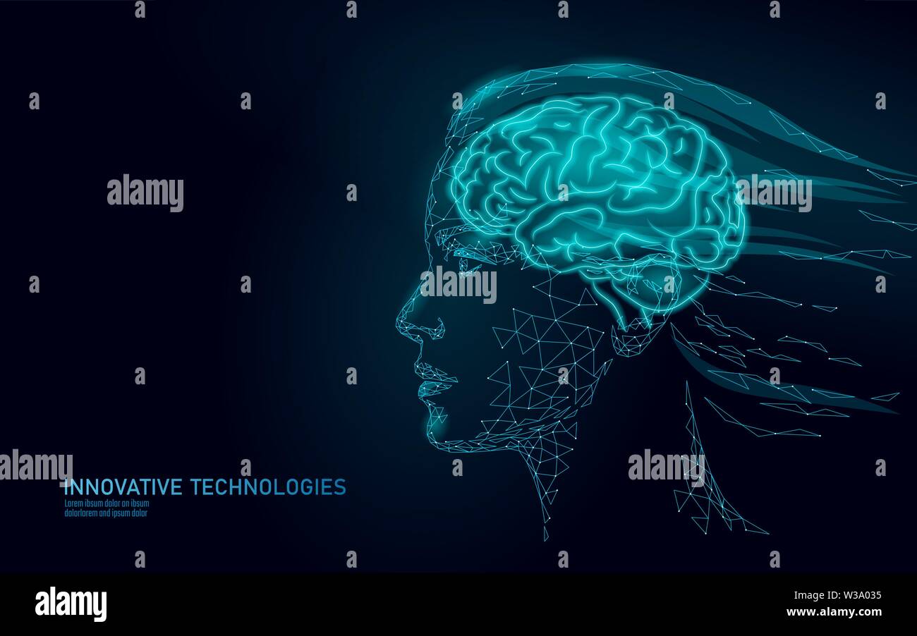 Low poly abstract brain virtual reality concept. Female woman profile ...