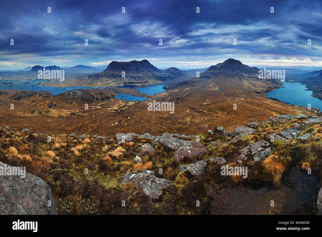 The inverpolly nature reserve in northern Scotland. Autumn panorama ...