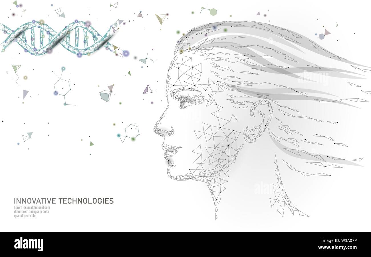 DNA molecule treatment cosmetic essence 3D. Low poly female face ...