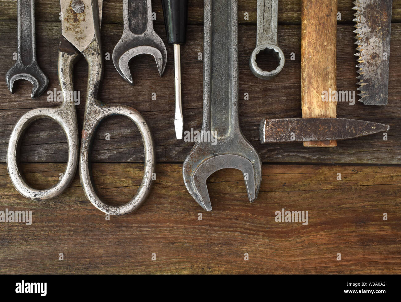 Retro vintage woodwork equipment set. Hammer scissors screwdriver on ...