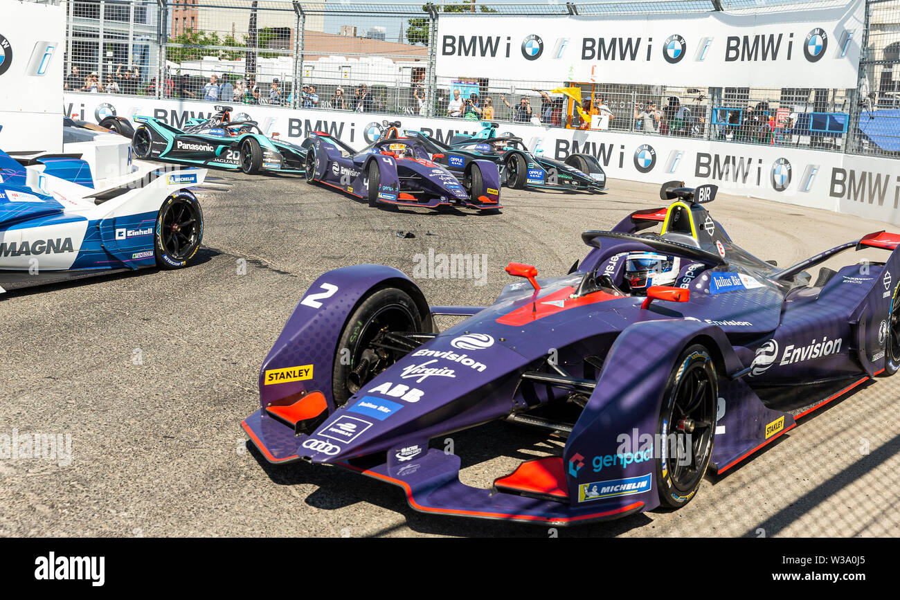 New York, USA. 13th July, 2019. General view of electric racing cars ...