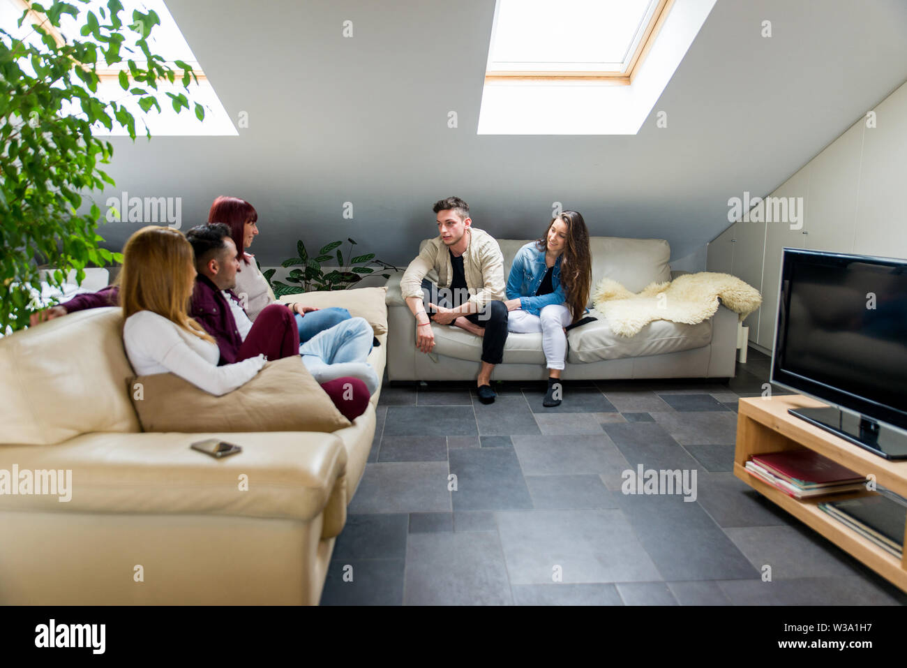 Group of happy friends bonding at home - Young adults having party and ...