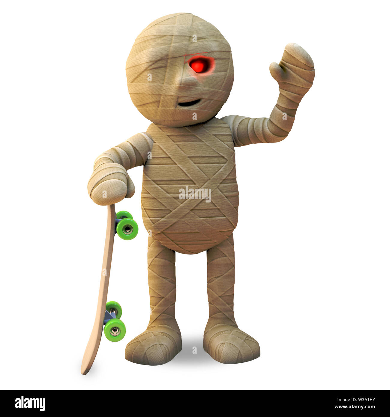 Funny cartoon Egyptian mummy monster waves while holding his skateboard ...