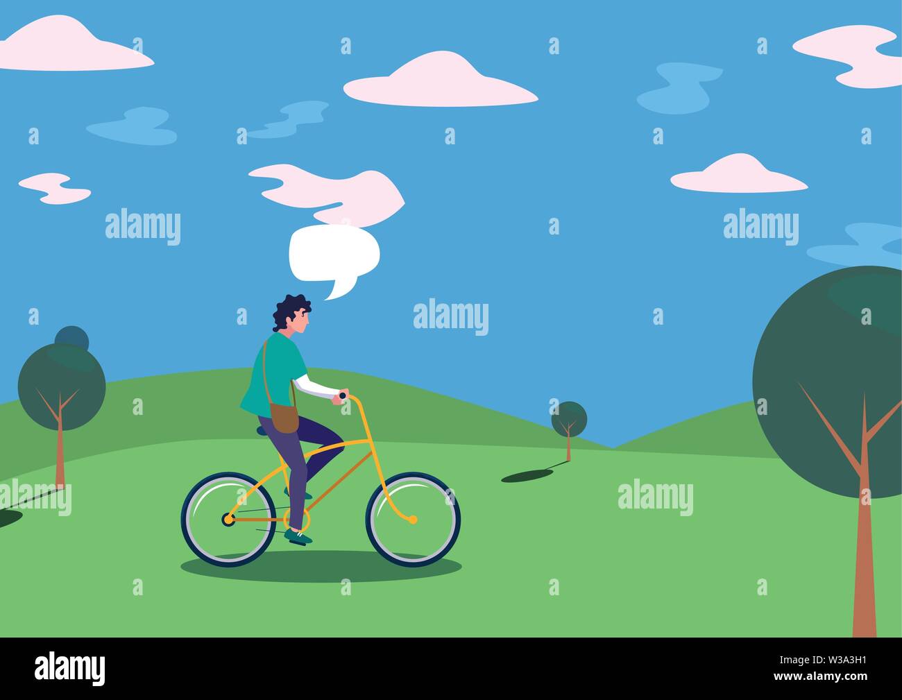 man talk bubble riding bicycle activity in the park vector illustration ...
