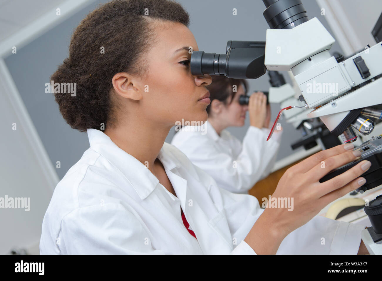 woman looking through the microscope Stock Photo - Alamy