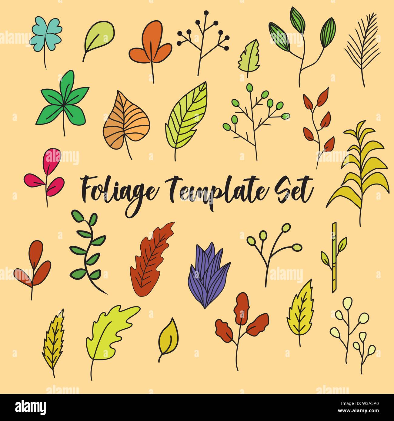 Foliage doodle template set, foliage hand drawn vector, nature ...