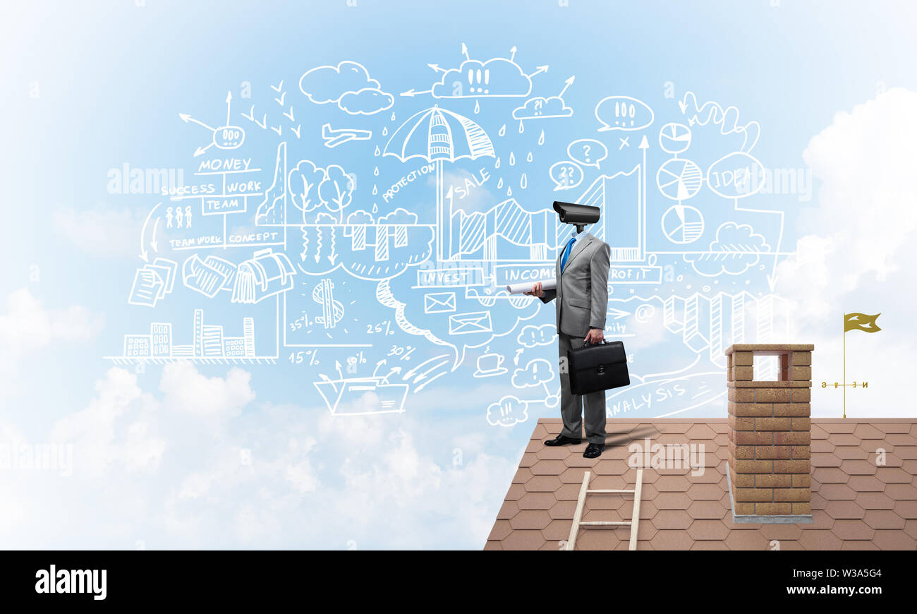 Concept of home security and privacy protection with camera headed man ...