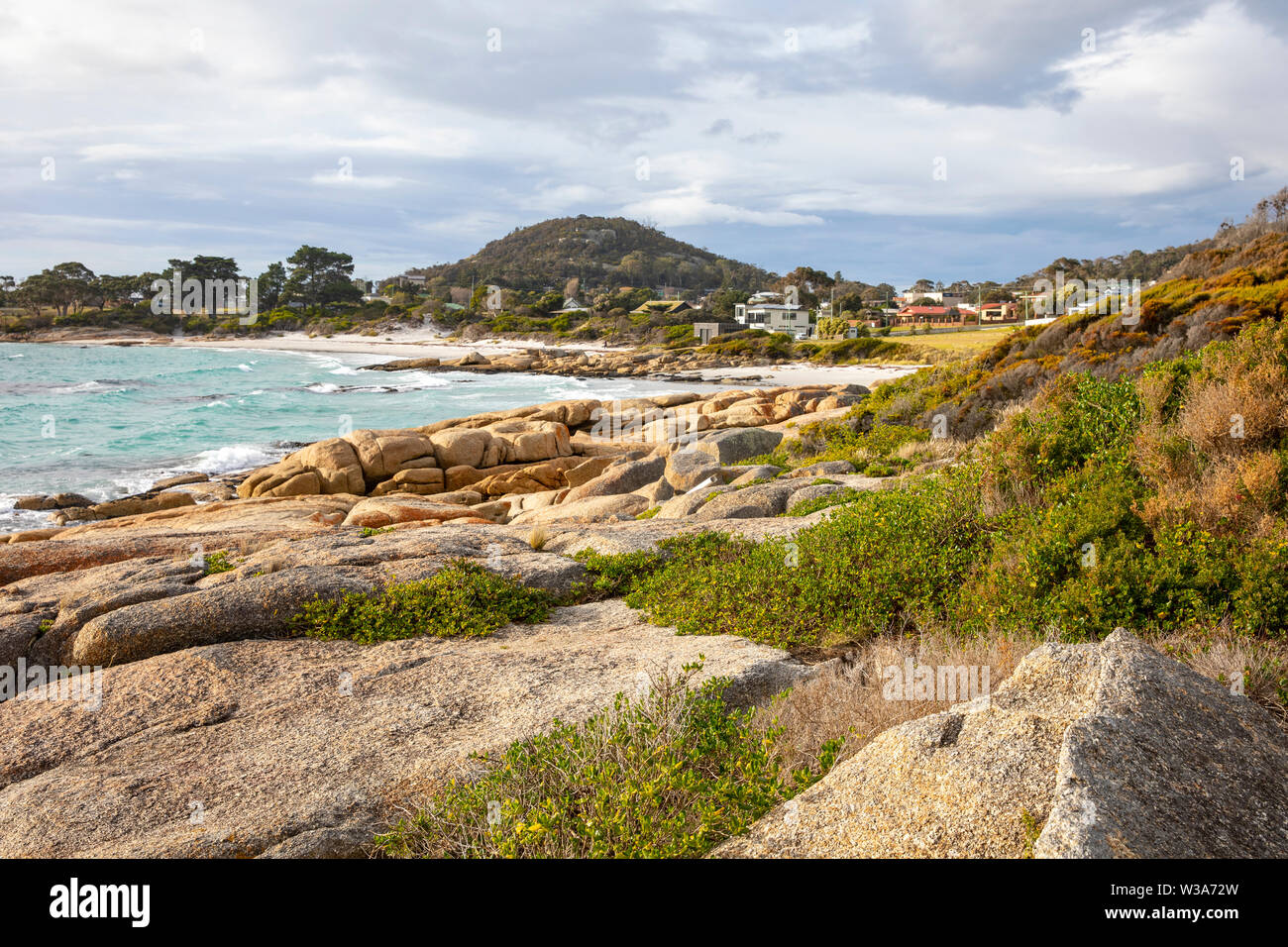 Bicheno Tasmania, coastline and rocky ocean shore at Bicheno a small ...