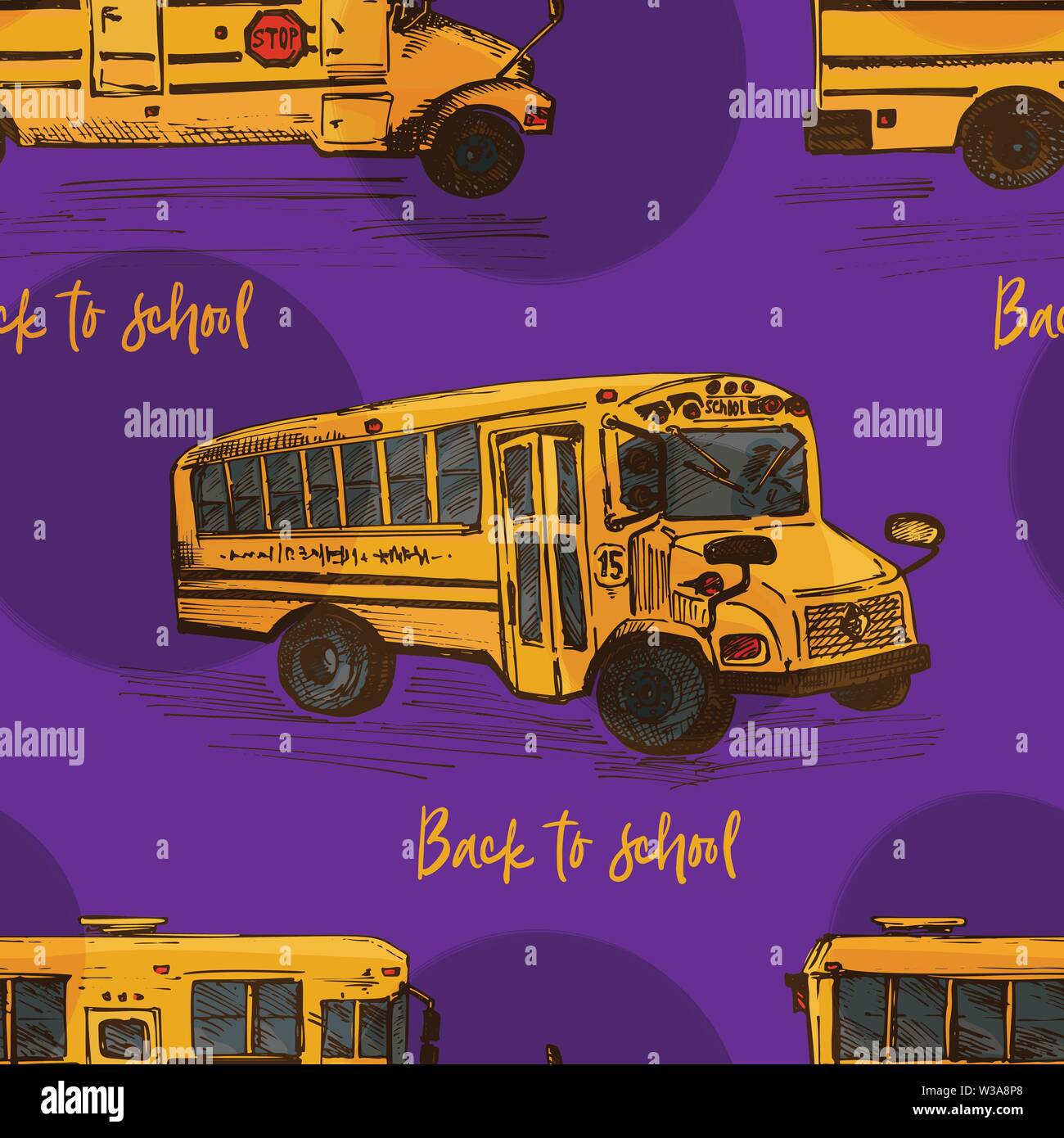 Seamless pattern with hand-drawn sketch yellow bus, isolated background ...