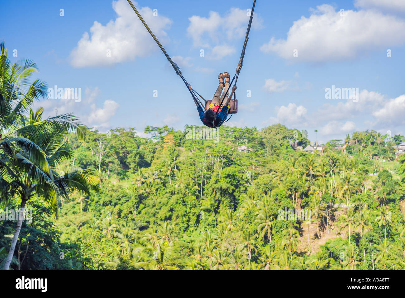 Young woman swinging in the jungle rainforest of Bali island, Indonesia ...