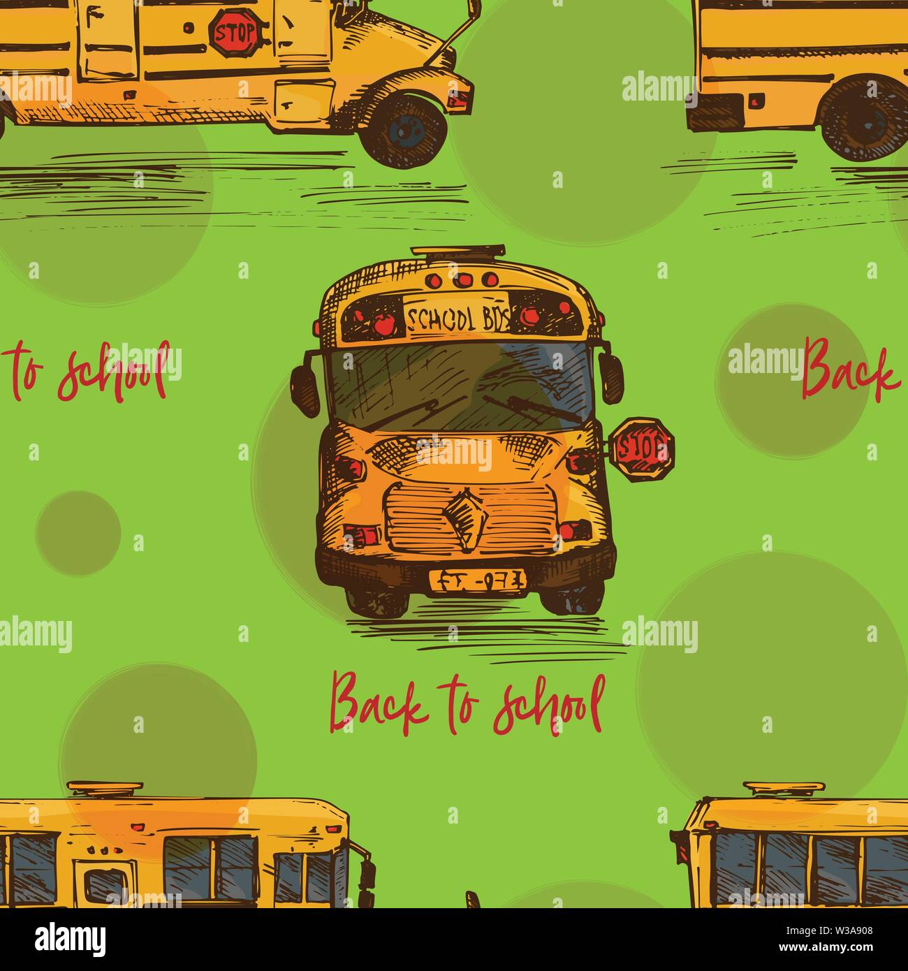 Seamless pattern with hand-drawn sketch yellow bus, isolated background ...