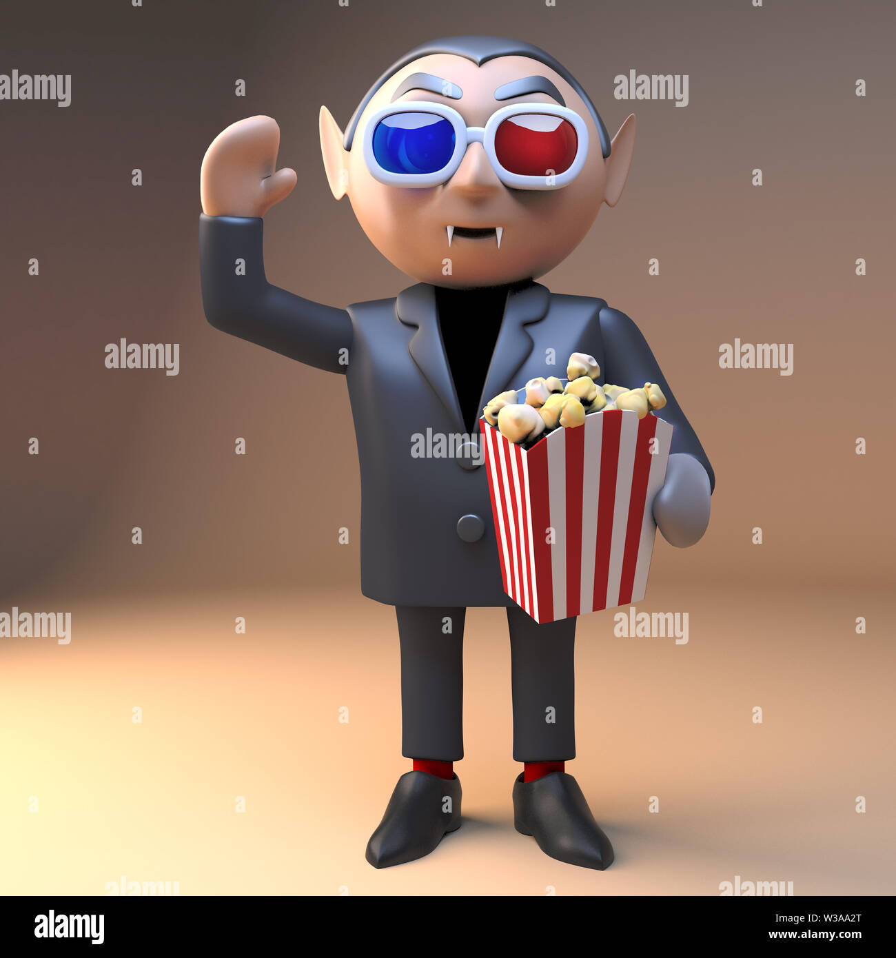 Enthralled cartoon vampire dracula eats popcorn at the movies watching ...