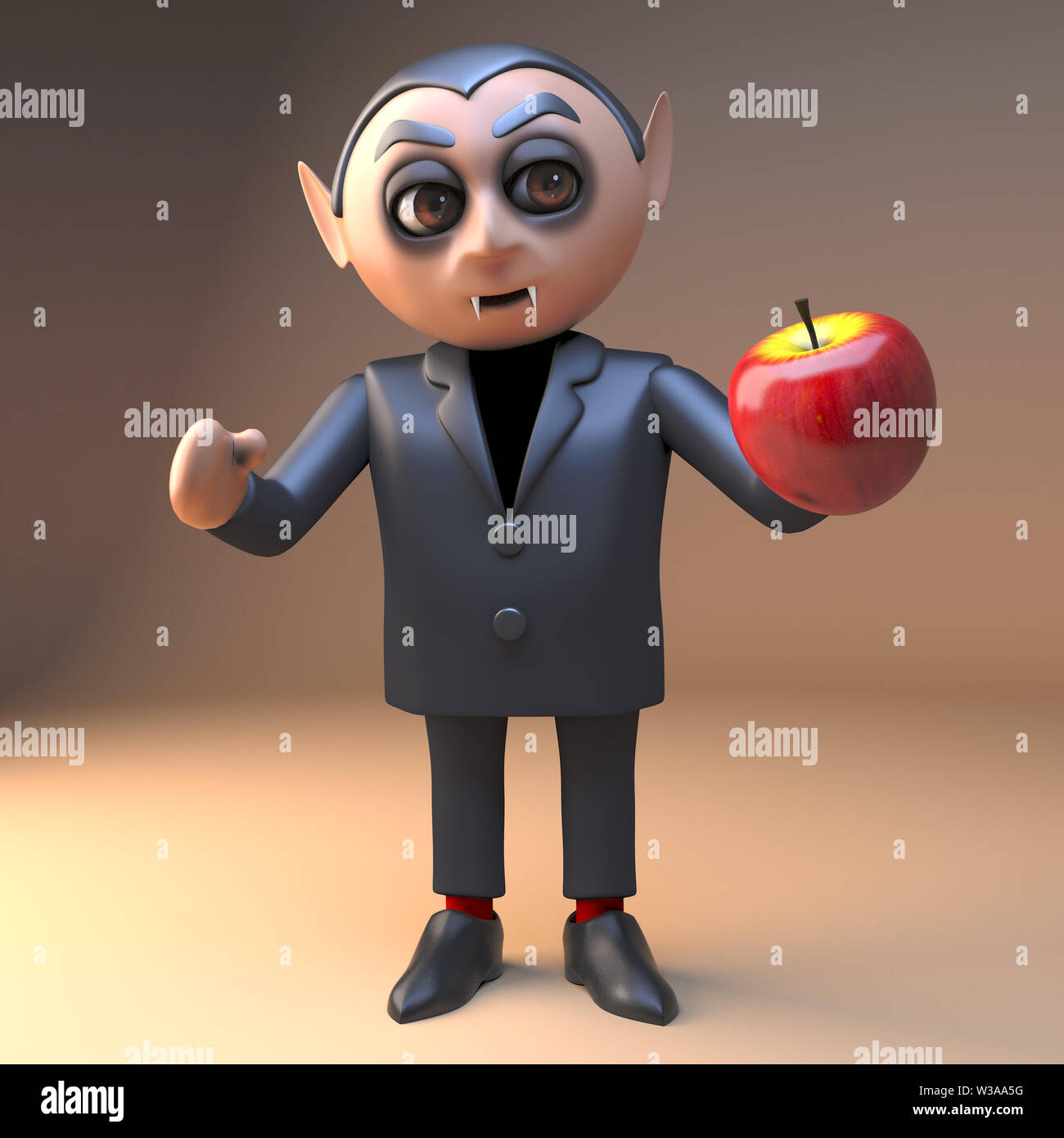 Hungry cartoon vampire dracula prepares to eat a juicy red apple, 3d ...