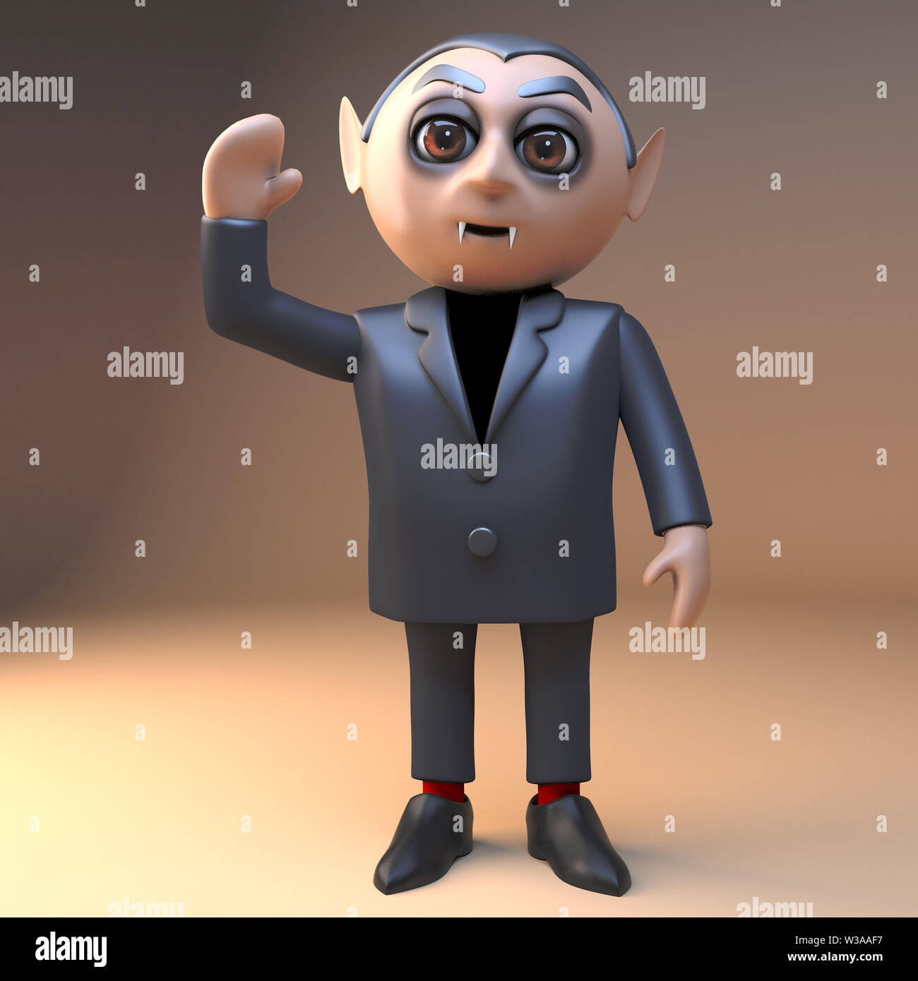 Cheerful and personable vampire dracula waves a friendly greeting, 3d ...