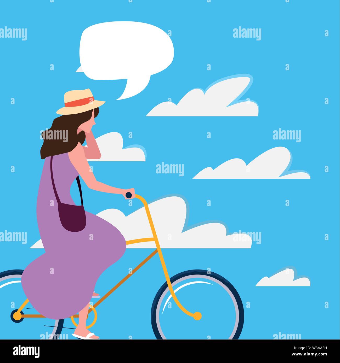 woman talk bubble riding bicycle activity sky background vector ...