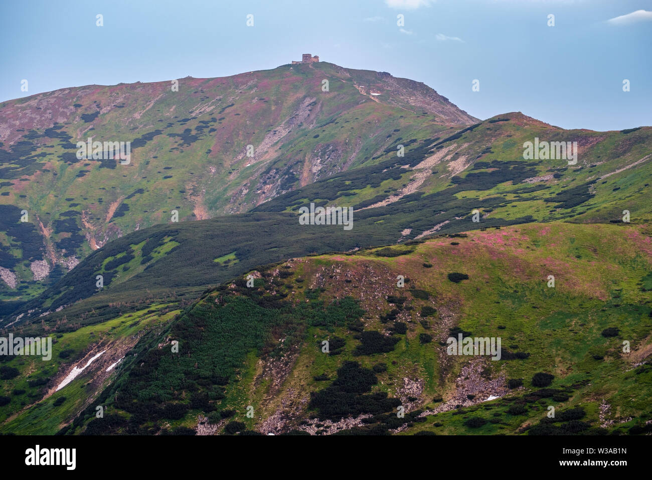 Massif of Pip Ivan with the ruins of the observatory on top. Pink ...