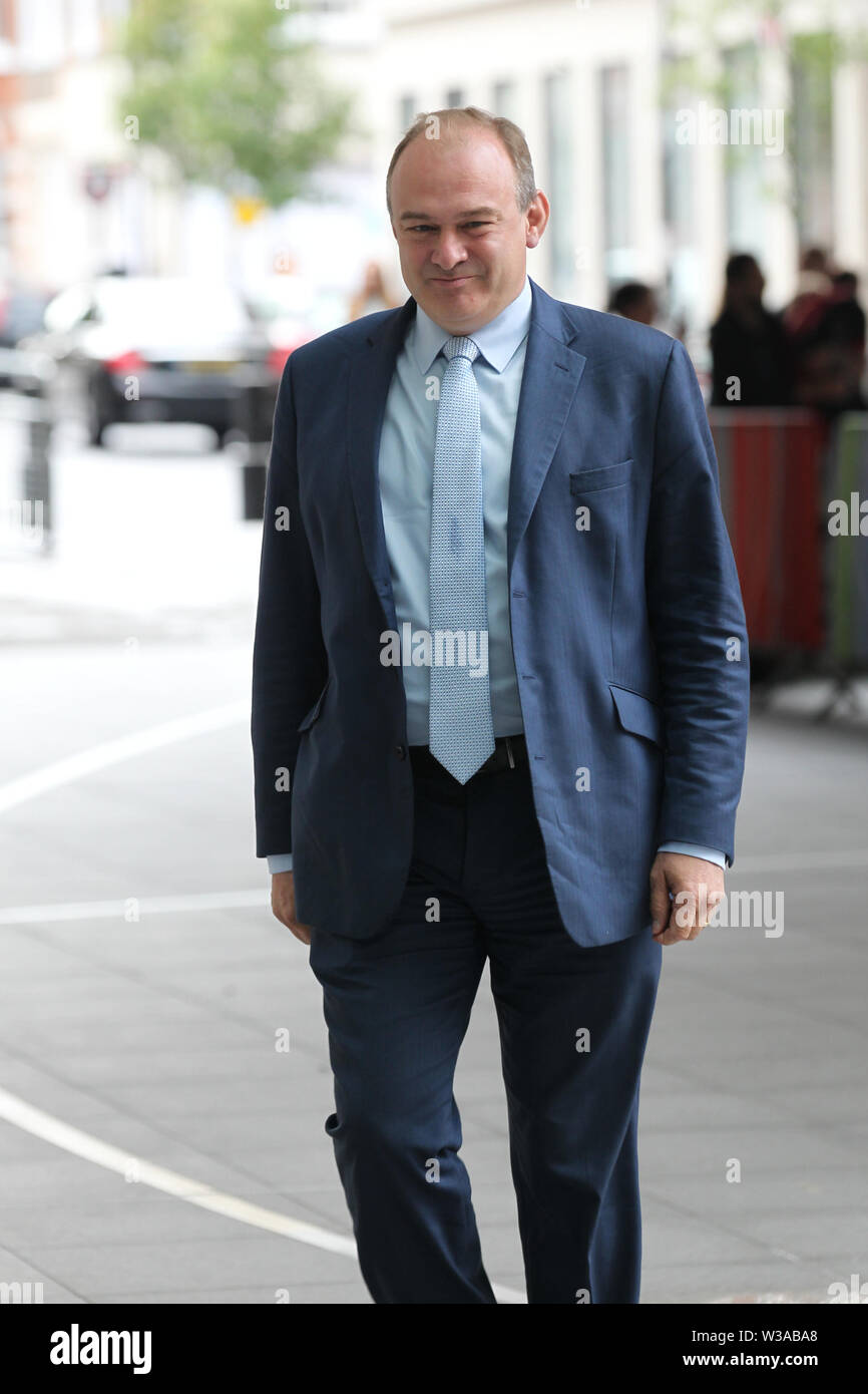 London, UK, 14th July 2019. Ed Davey seen arriving to the BBC studios ...