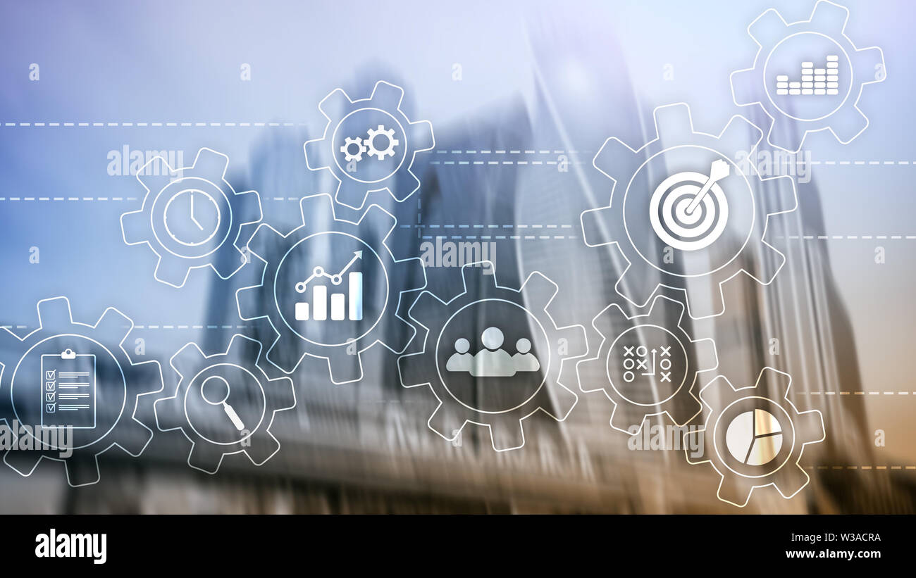 Business process automation concept. Gears and icons on abstract ...