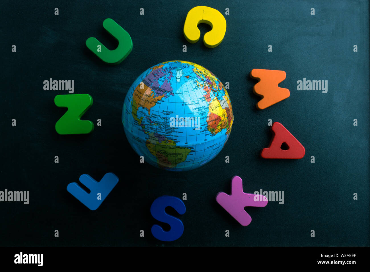 Colorful letters forming a circle around a globe in the view Stock ...