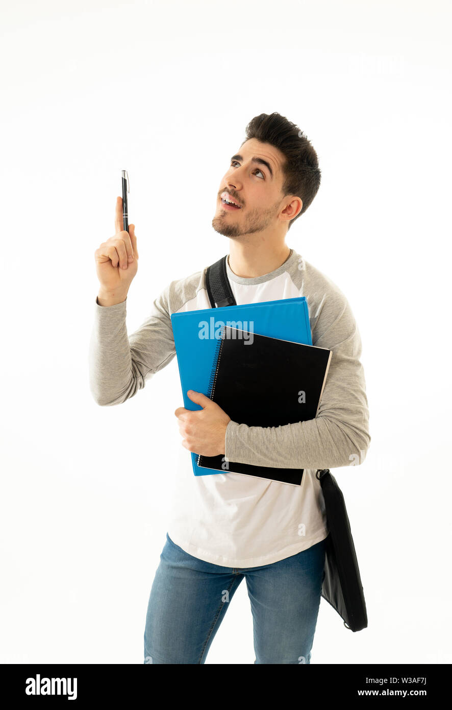 Portrait of happy young man, thoughtful student thinking in creative ...