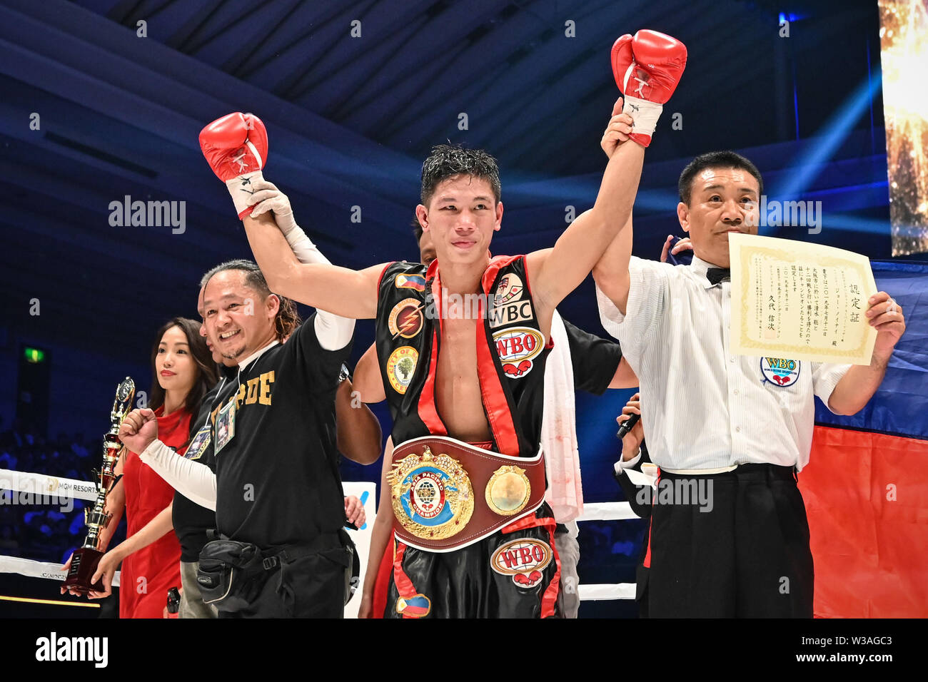 Joe Noynay of Philippines celebrates winning the WBO Asia Pacific Super ...