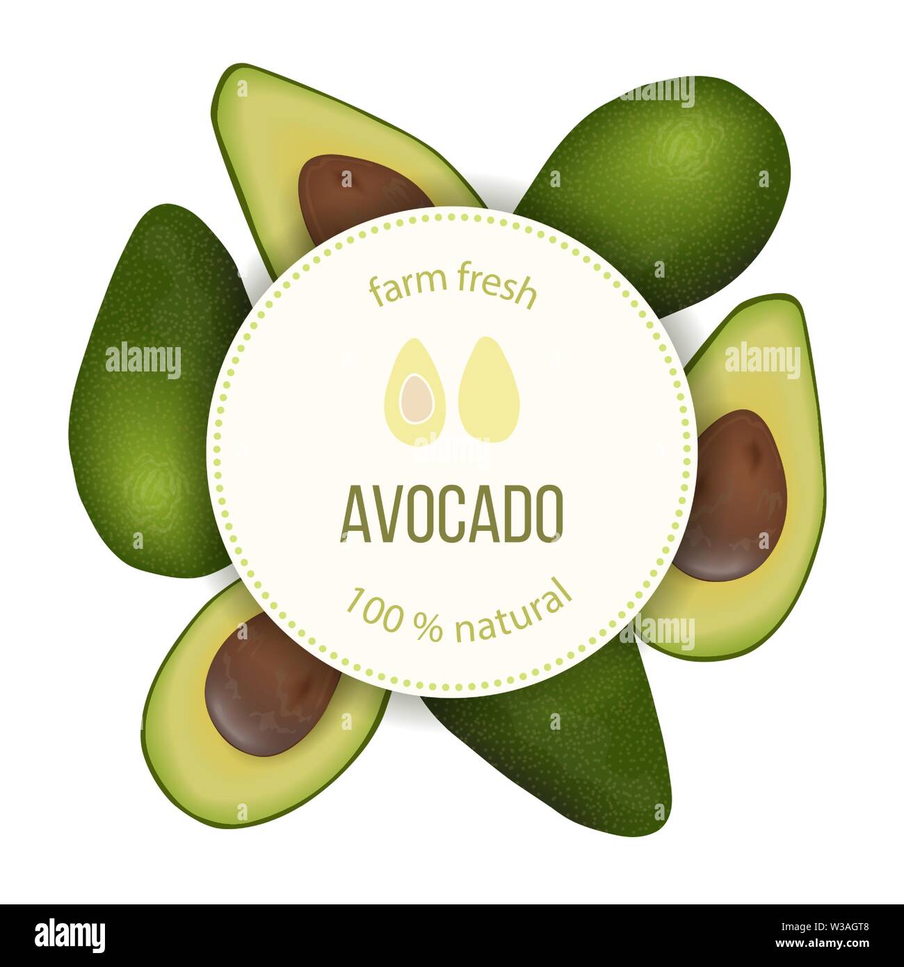 Avocado Round Circle badge with copy space on stripe. ripe raw fruit ...