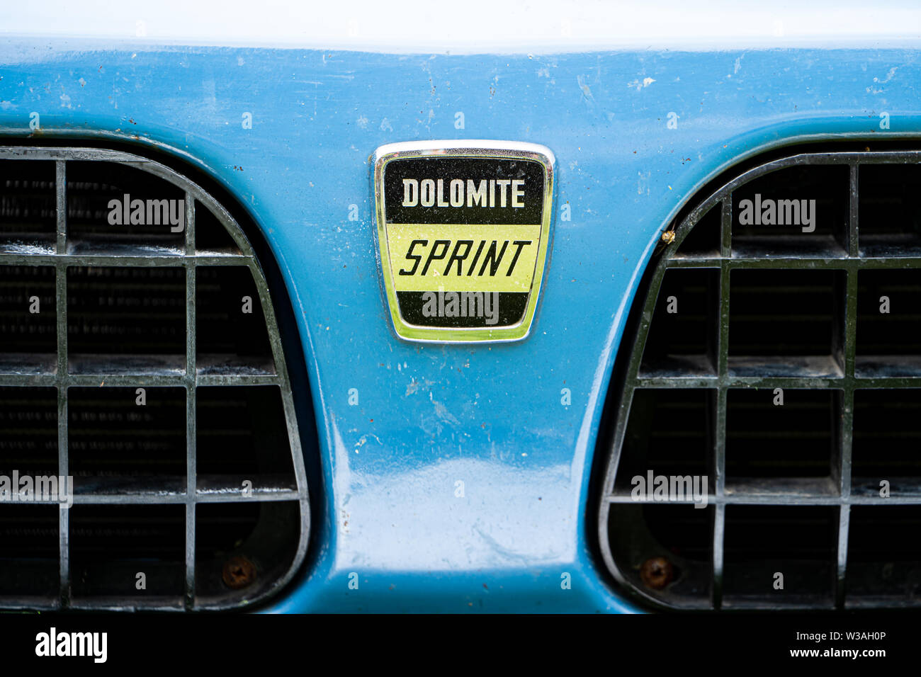 Close-up of the badge and grill on a Triumph Dolomite Spring classic ...
