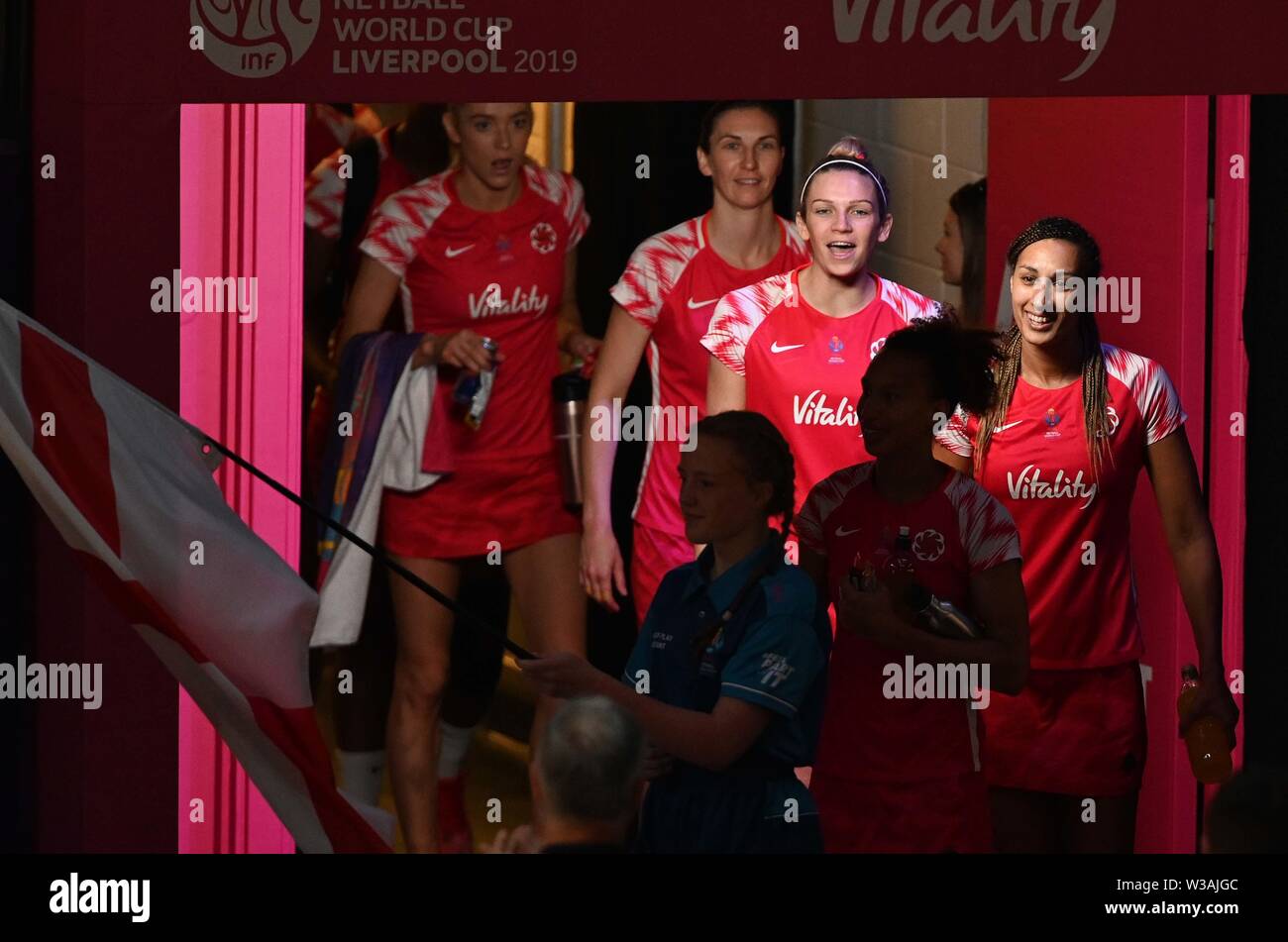 Liverpool, UK. 14 July 2019. The England team walk into the arena ...